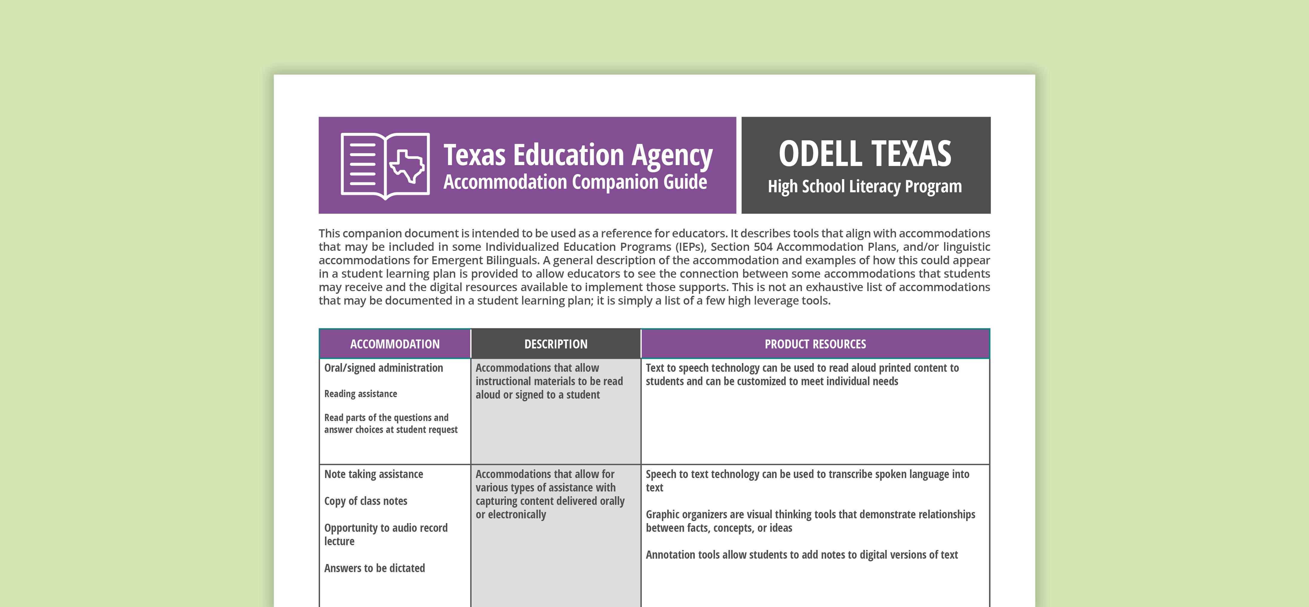 ODELL Accommodation Companion Guide | Texas SPED Support