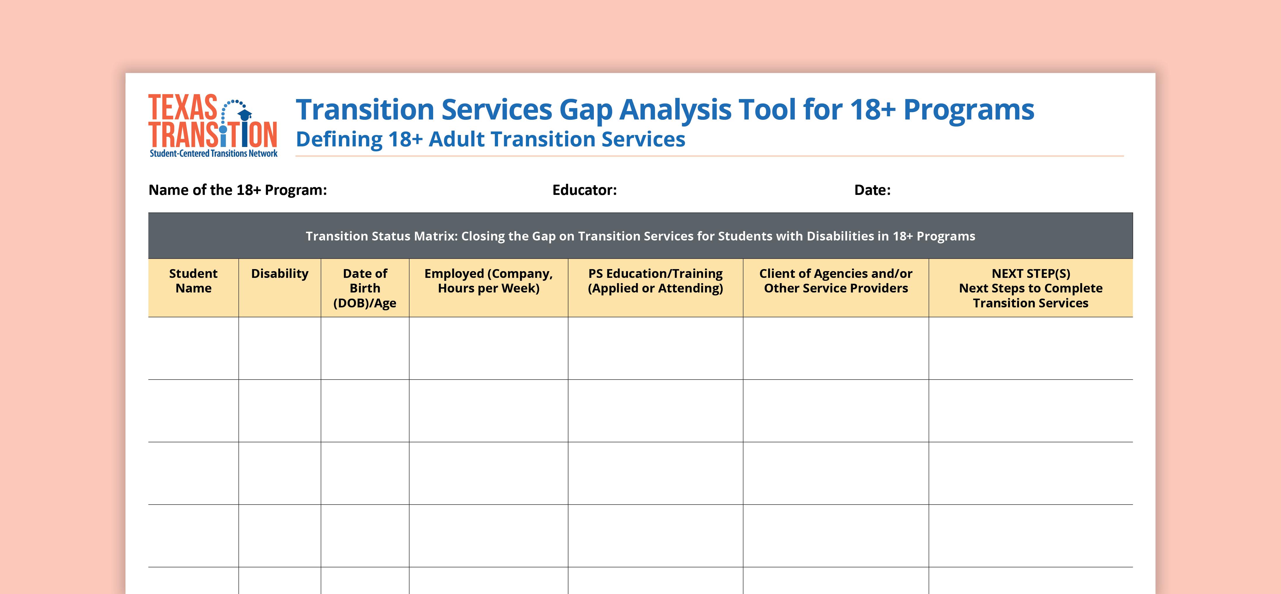 Transition Services Gap Analysis Tool for 18+ Programs: Defining 18 ...
