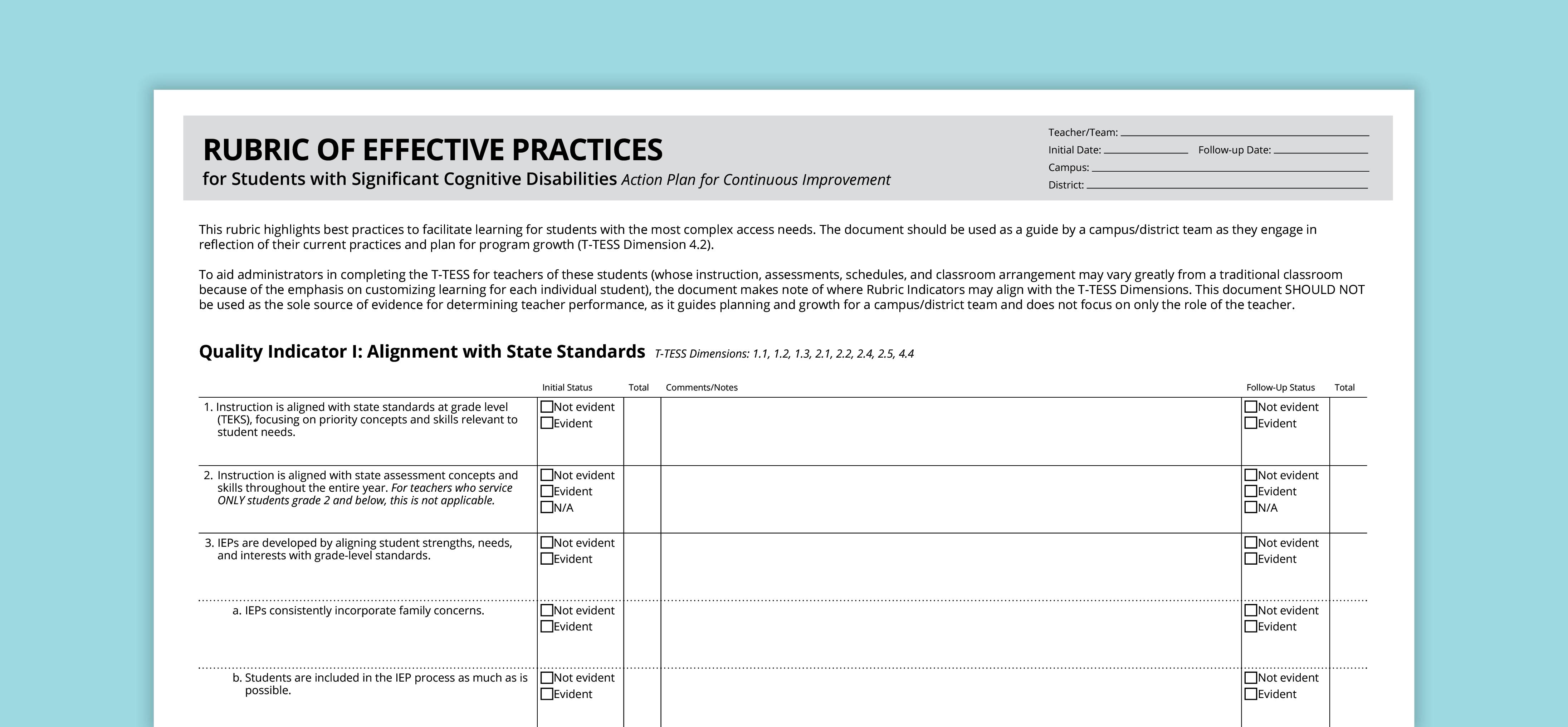 Rubric of Effective Practices for Students with Complex Access Needs ...