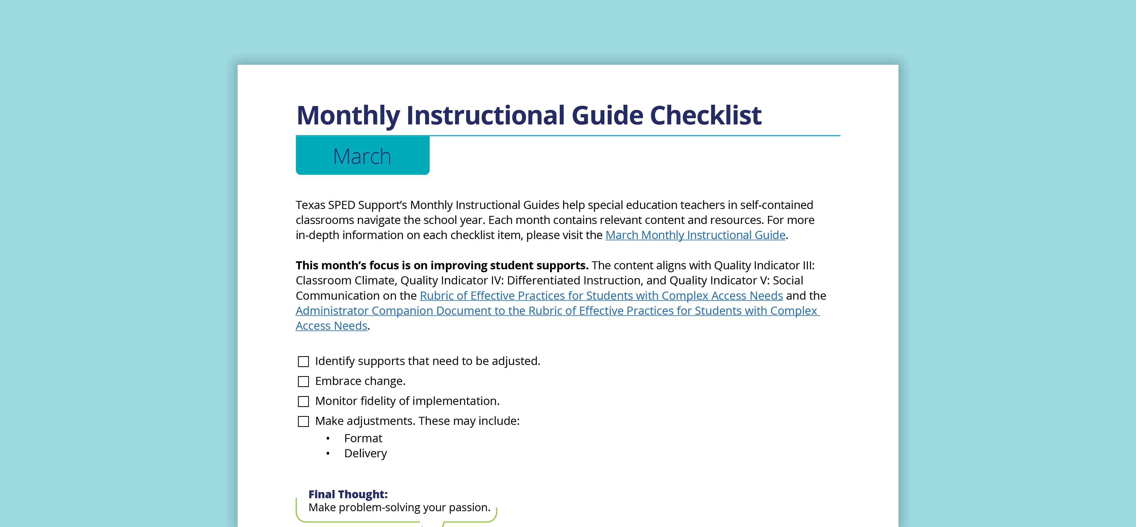 March Monthly Instructional Guide Checklist | Texas SPED Support