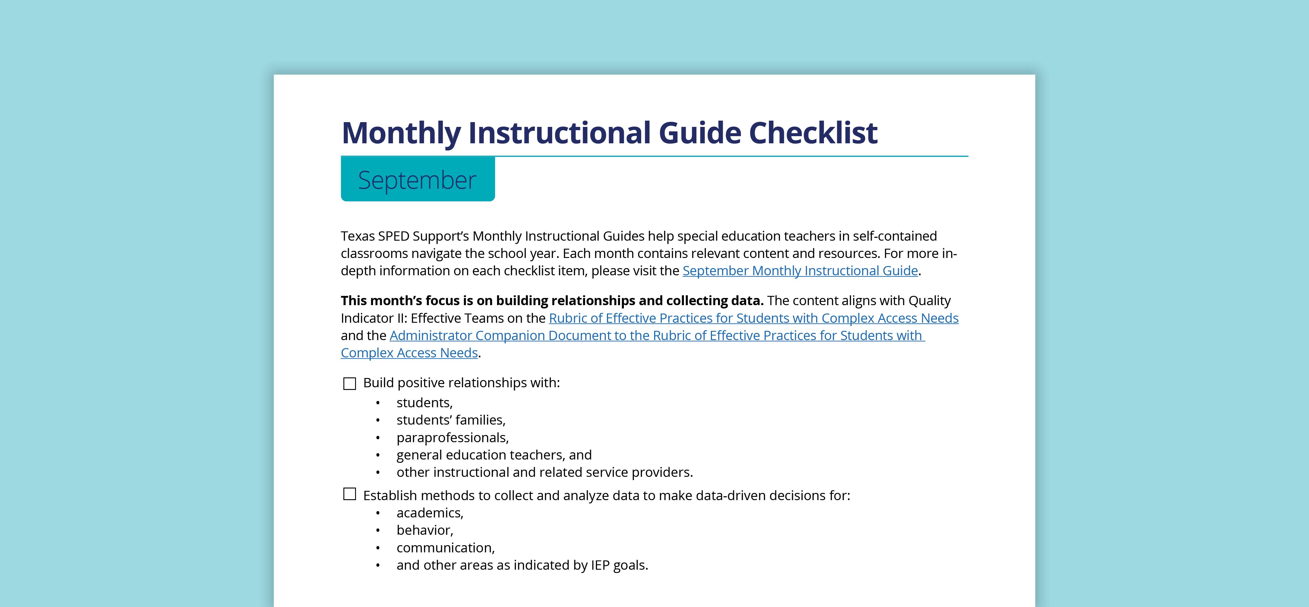 September Monthly Instructional Guide Checklist | Texas SPED Support